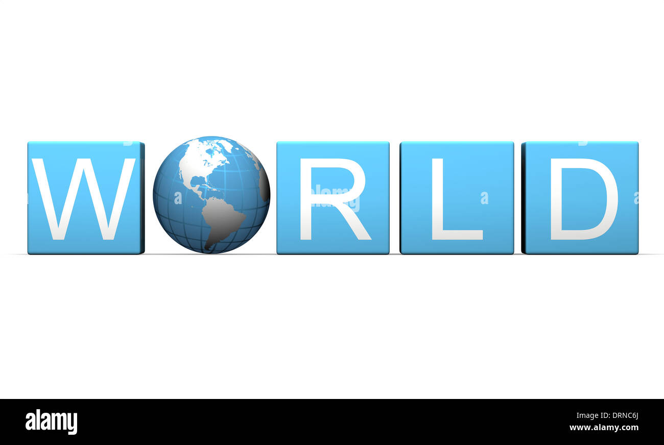 Blue world sign made of cubes and planet isolated on white background ...