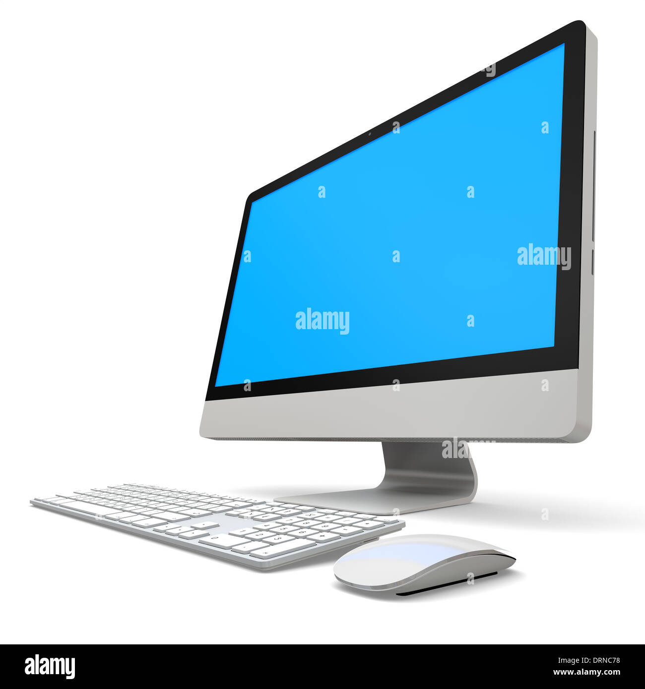 Modern desktop computer with blue screen isolated on white background ...