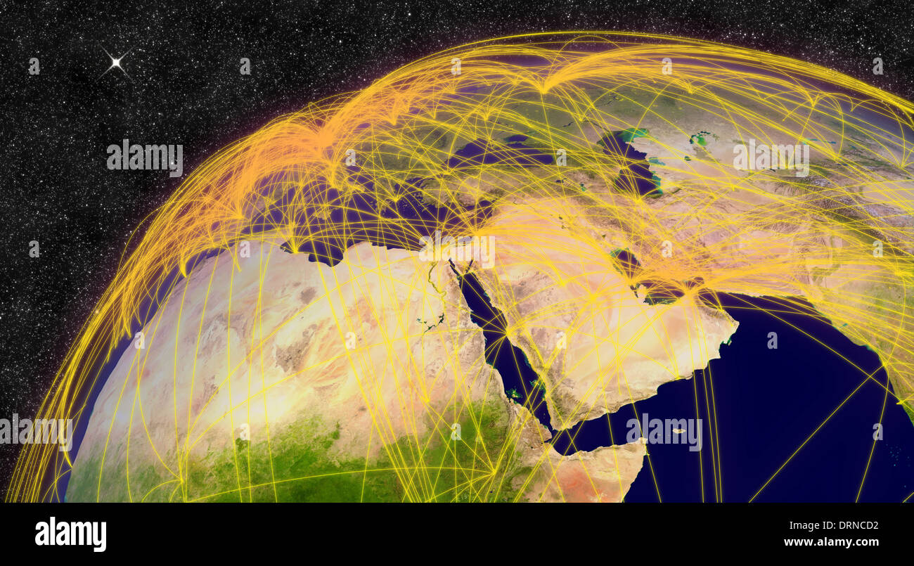 Air travel network over Middle East. Elements of this image furnished ...