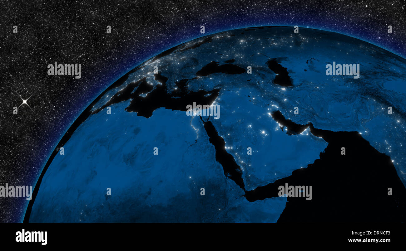 Night in Middle East region with city lights viewed from space ...