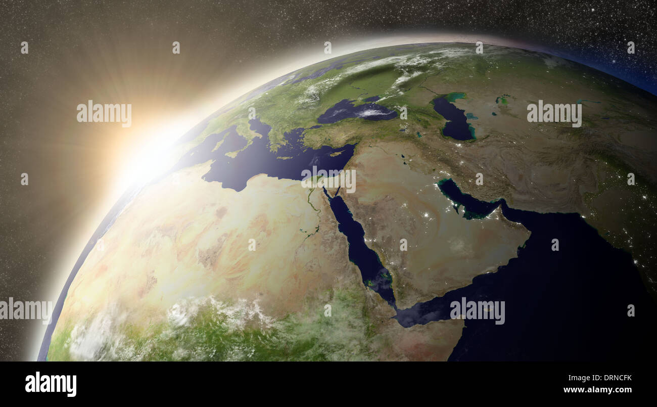 Sunset over Middle East region on planet Earth viewed from space with ...