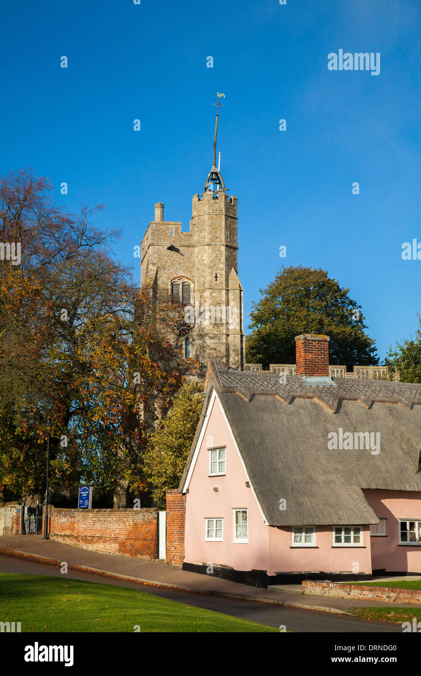 The Pink Cottages beneath St Mary's church, Cavendish, Suffolk, England ...