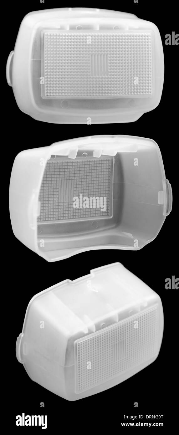 White camera external flash diffuser isolated to black background Stock ...