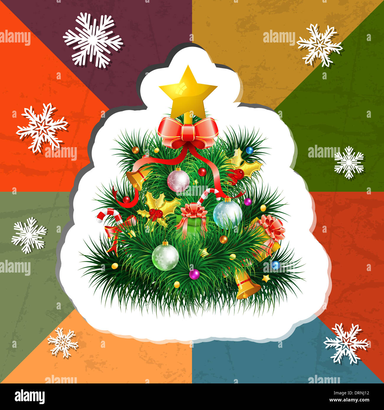 Retro Christmas background with Christmas tree cut and Snowflakes Stock ...