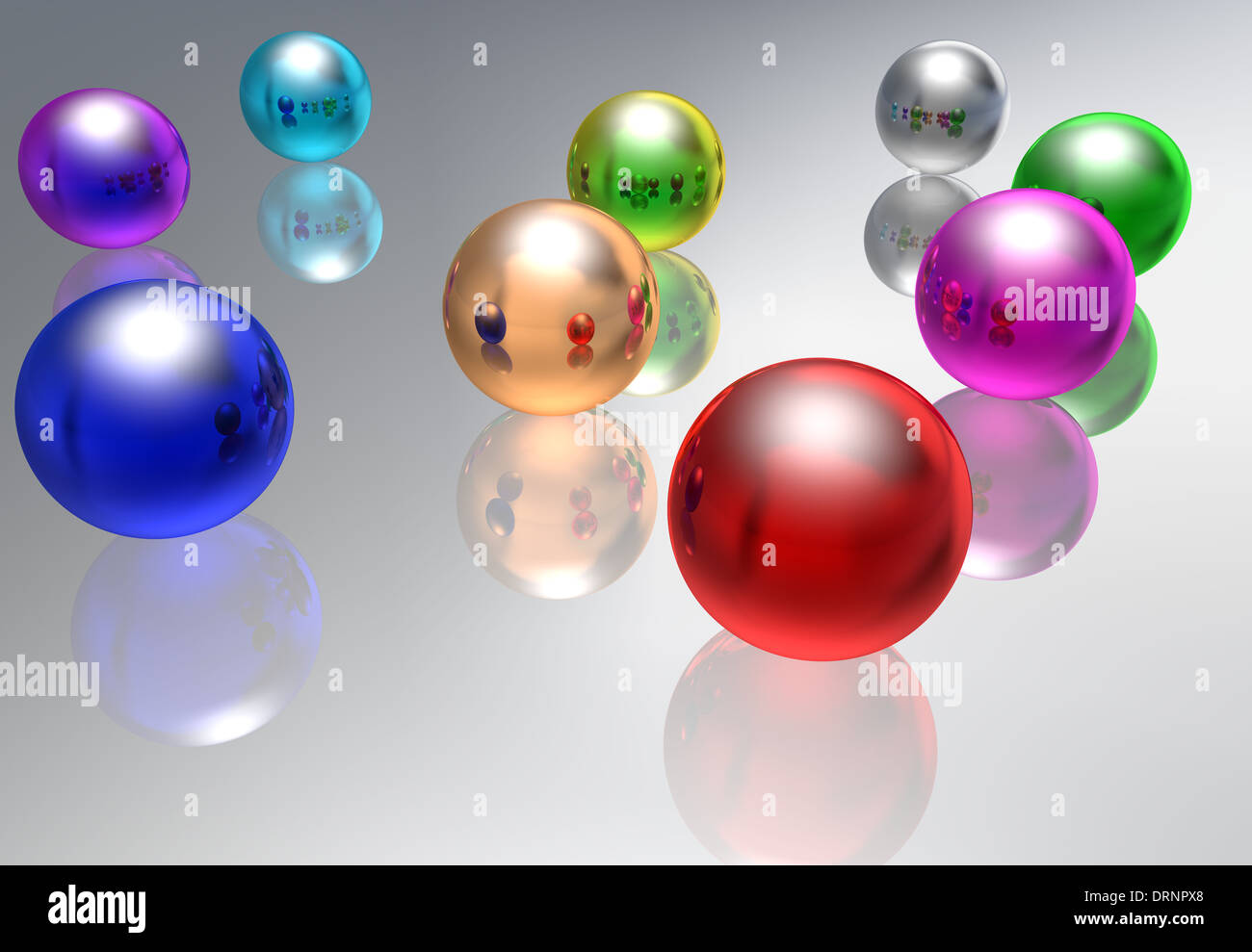 Abstract multi-coloured glass spheres on a reflecting background Stock ...
