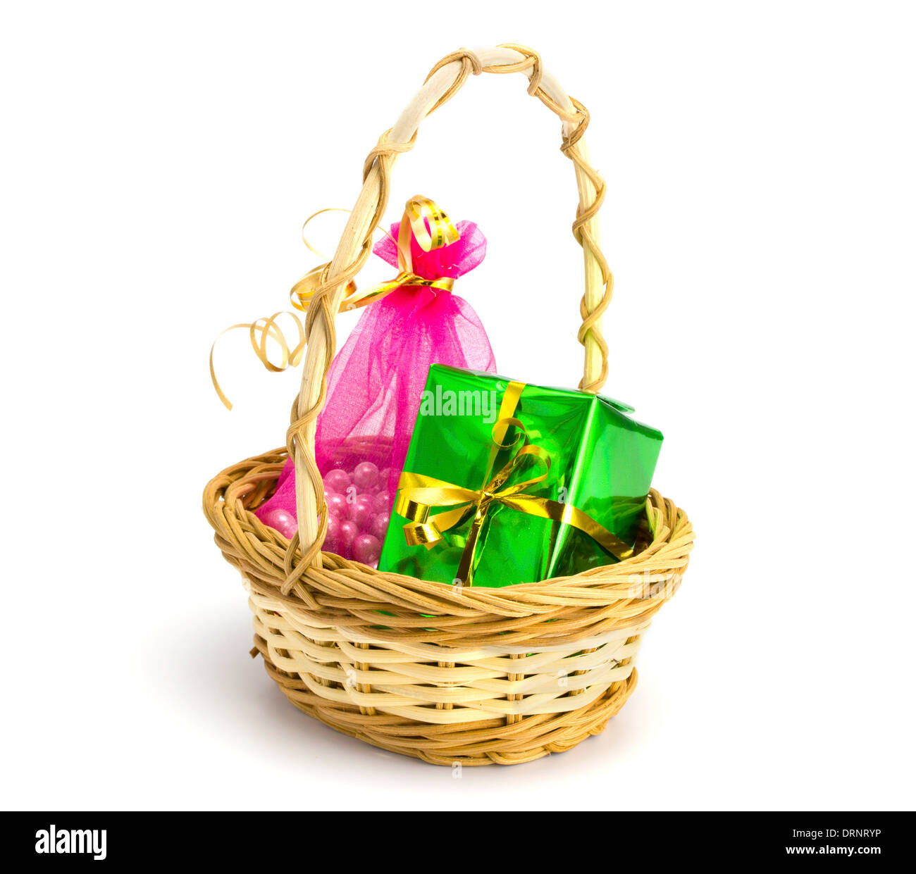 Basket with gifts on the white isolated background Stock Photo - Alamy