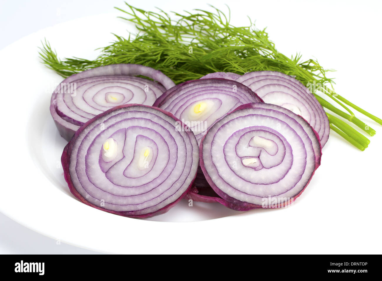 Dark blue onions and fennel on a plate on the isolated white background ...