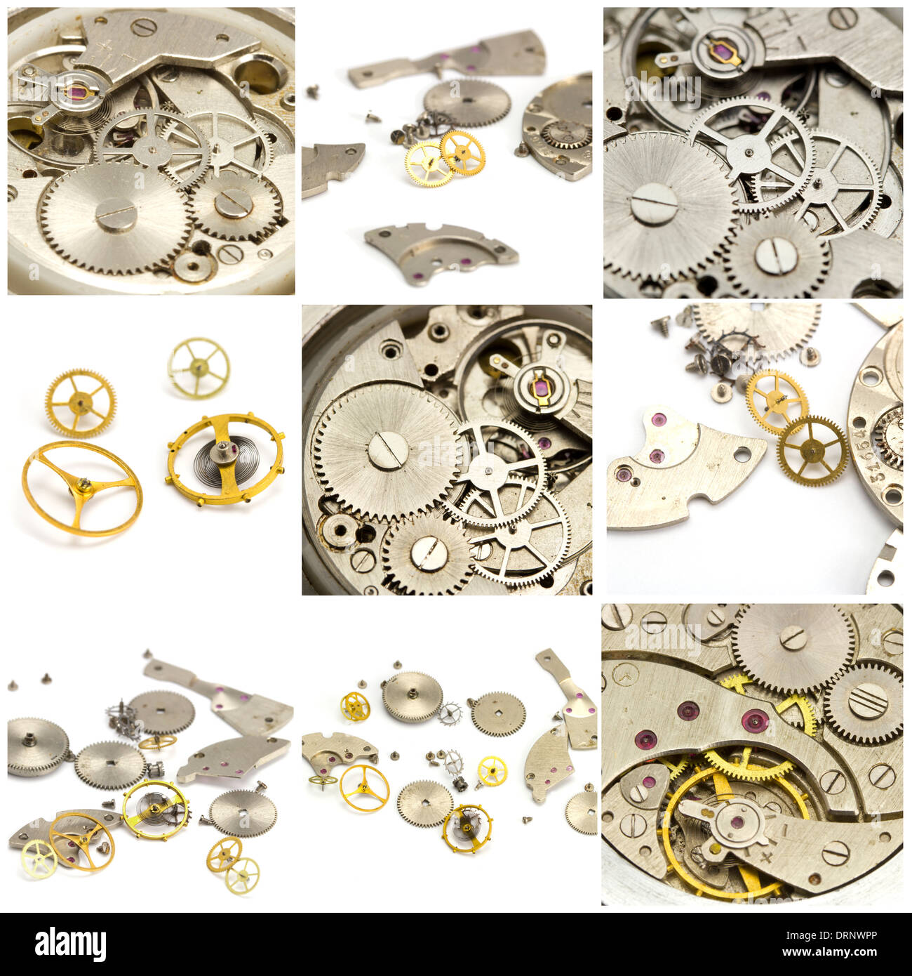 Collage. Watch and clock mechanism close up Stock Photo - Alamy