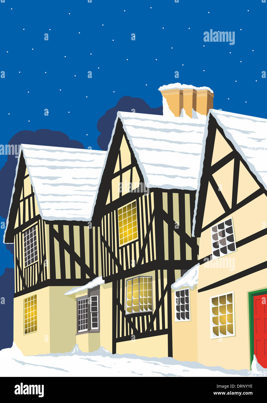 Timber framed house on a winters night, England, UK Stock Photo - Alamy