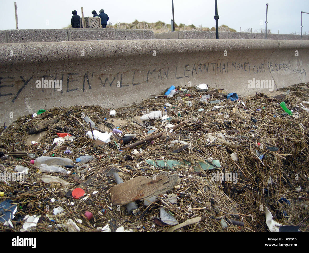 Beach pollution after a big storm. Crosby Beach, near Liverpool ...