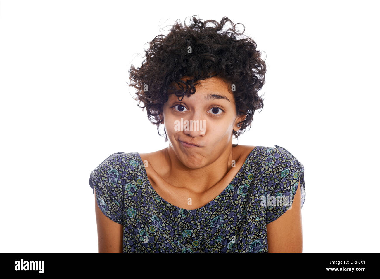Portrait of confused and uncertain hispanic woman isolated on white ...