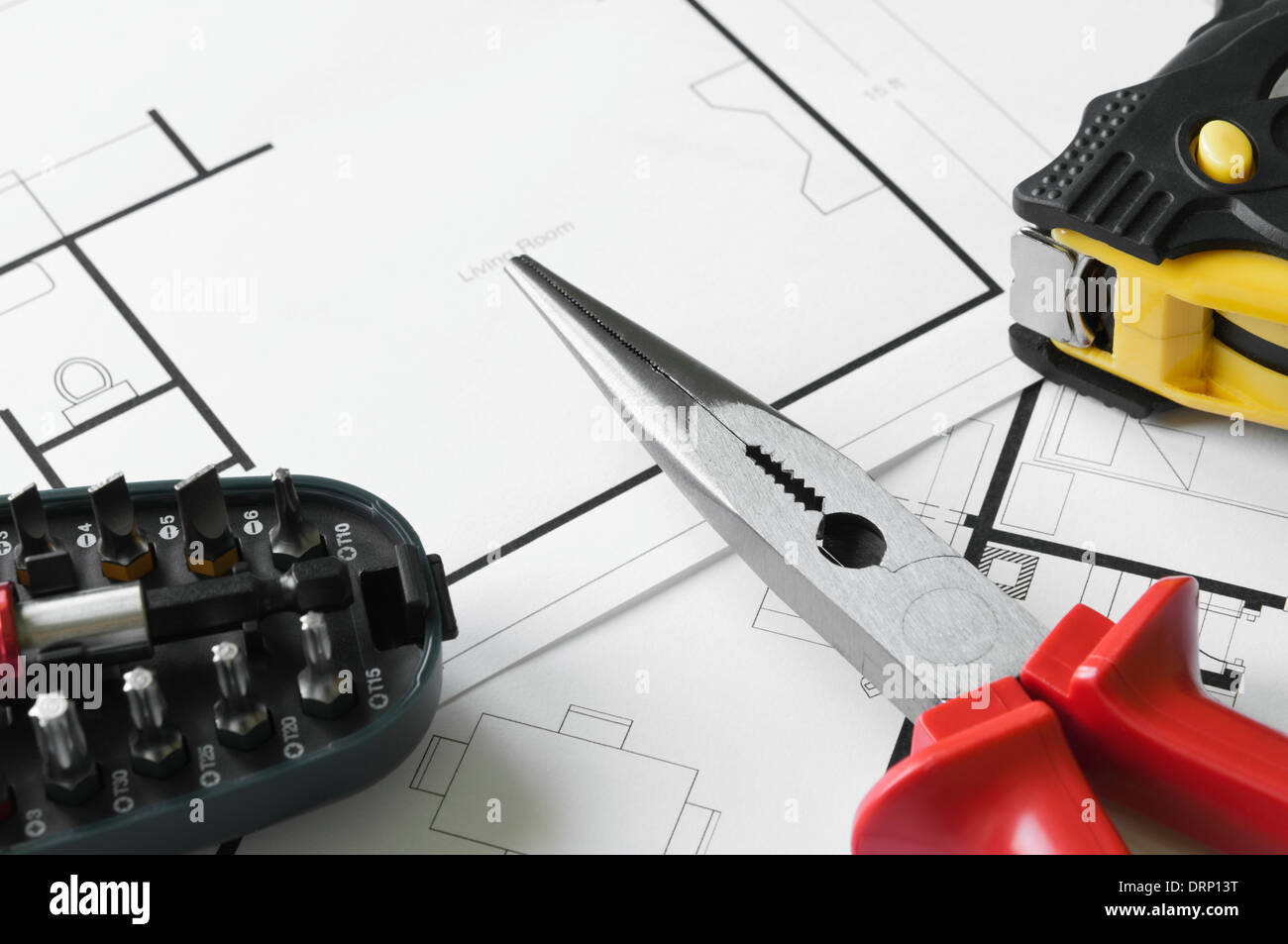 Building plan with selection of construction tools Stock Photo - Alamy
