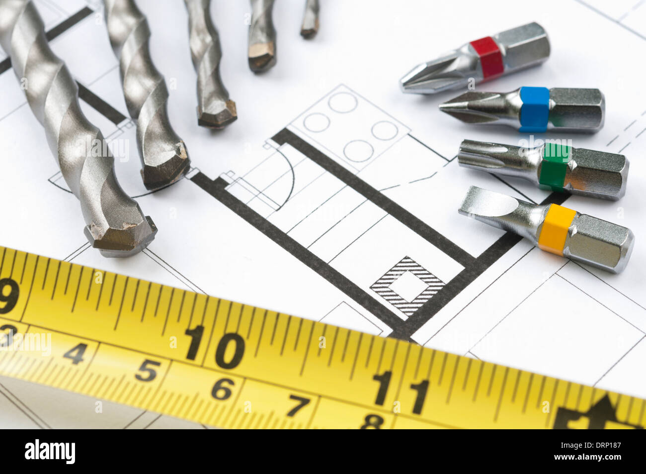Building plan with selection of construction tools Stock Photo - Alamy