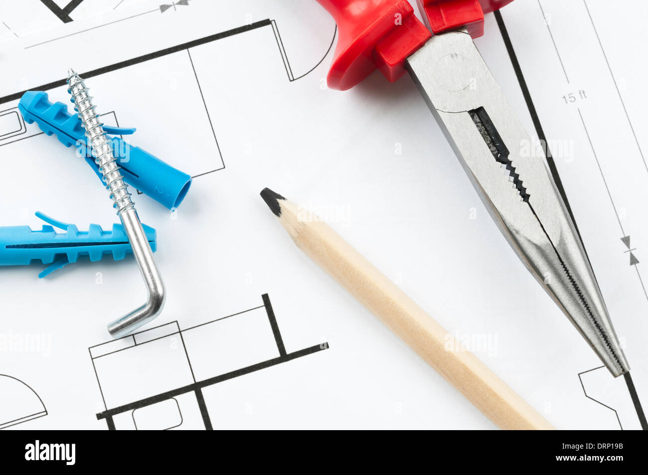 Building plan with selection of construction tools Stock Photo - Alamy