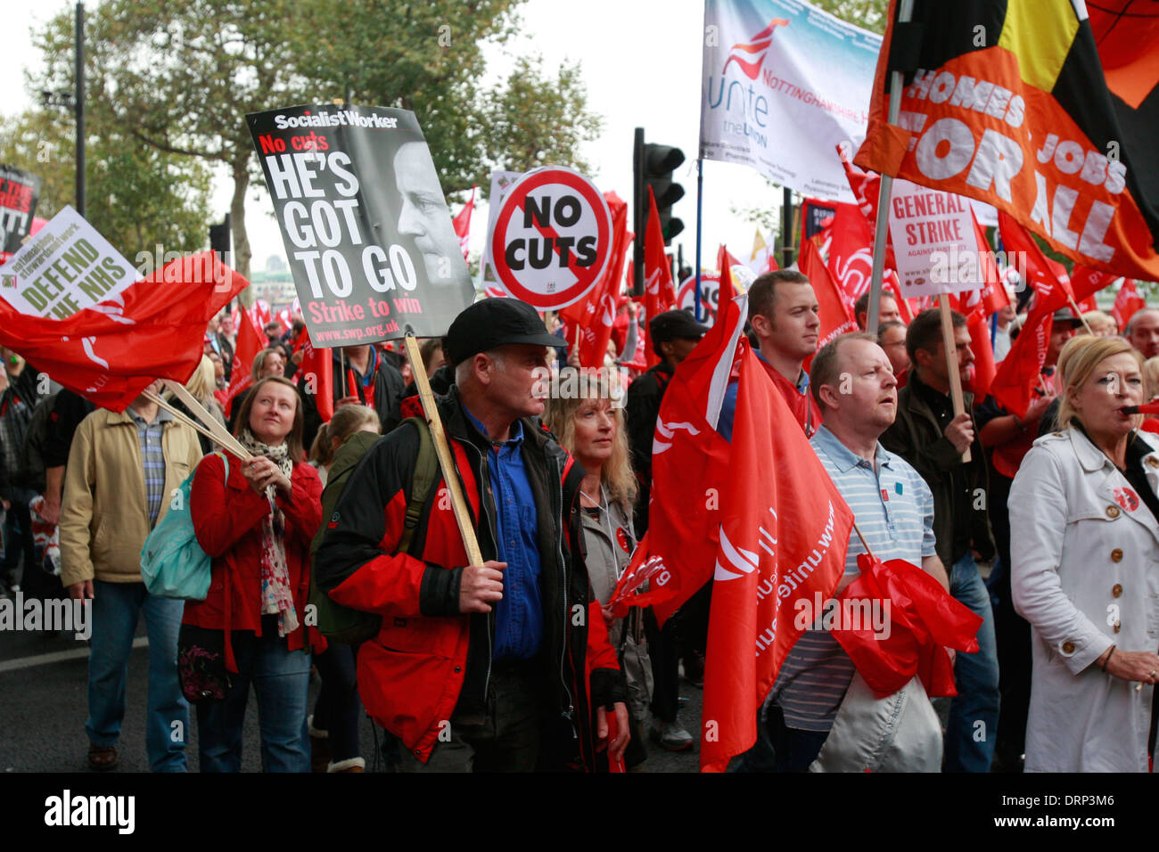 Trade unions members participating in a TUC march in protest against ...