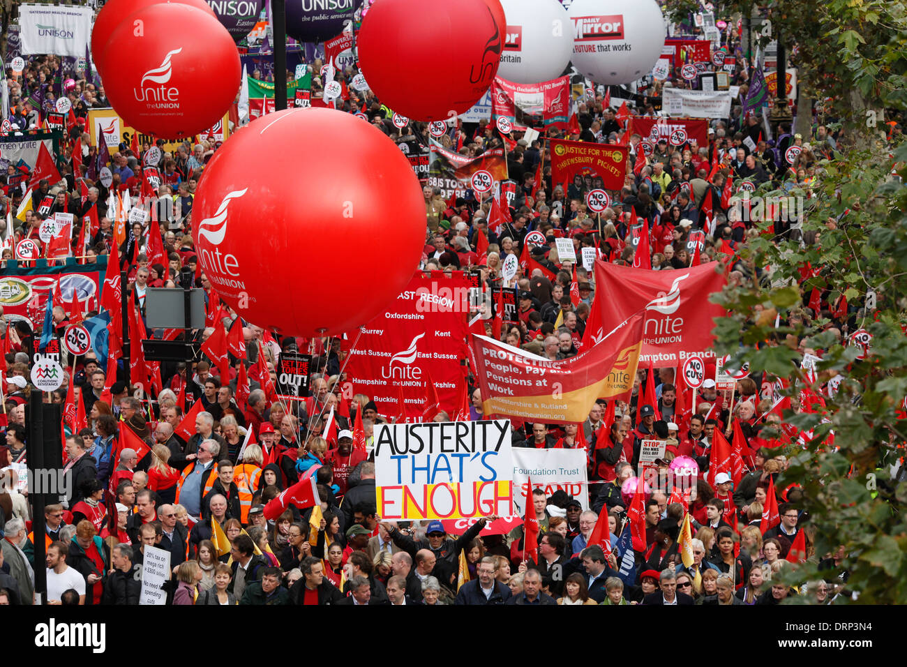 Trade unions members participating in a TUC march in protest against ...