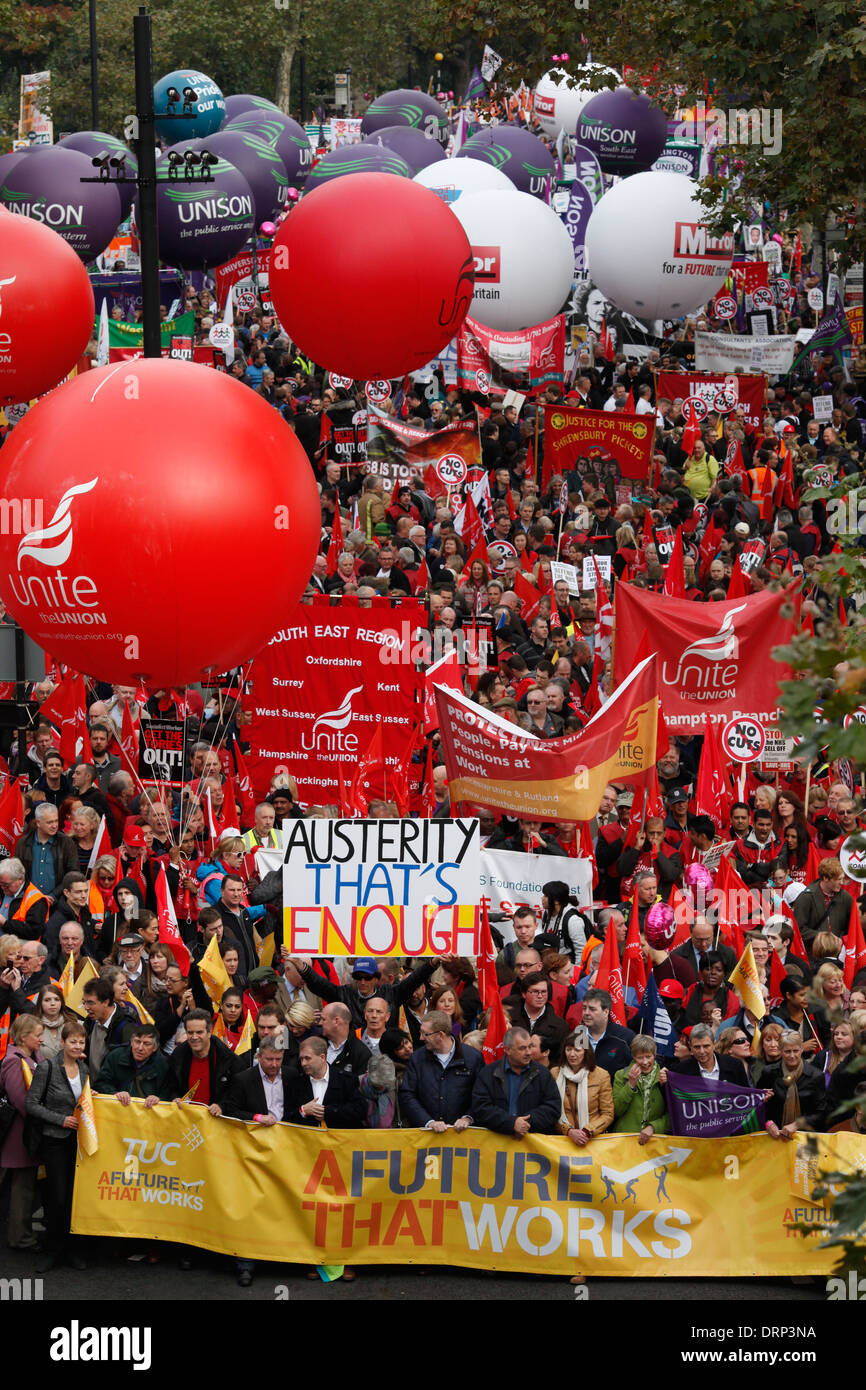 Trade unions members participating in a TUC march in protest against ...