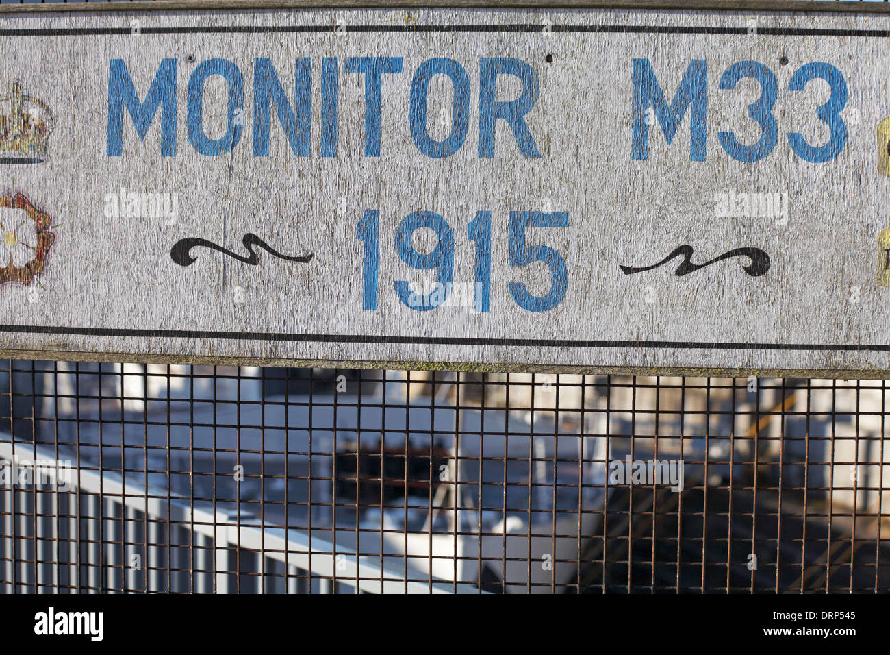 HMS Monitor M33 1915 sign at Portsmouth Historic Dockyard in January ...