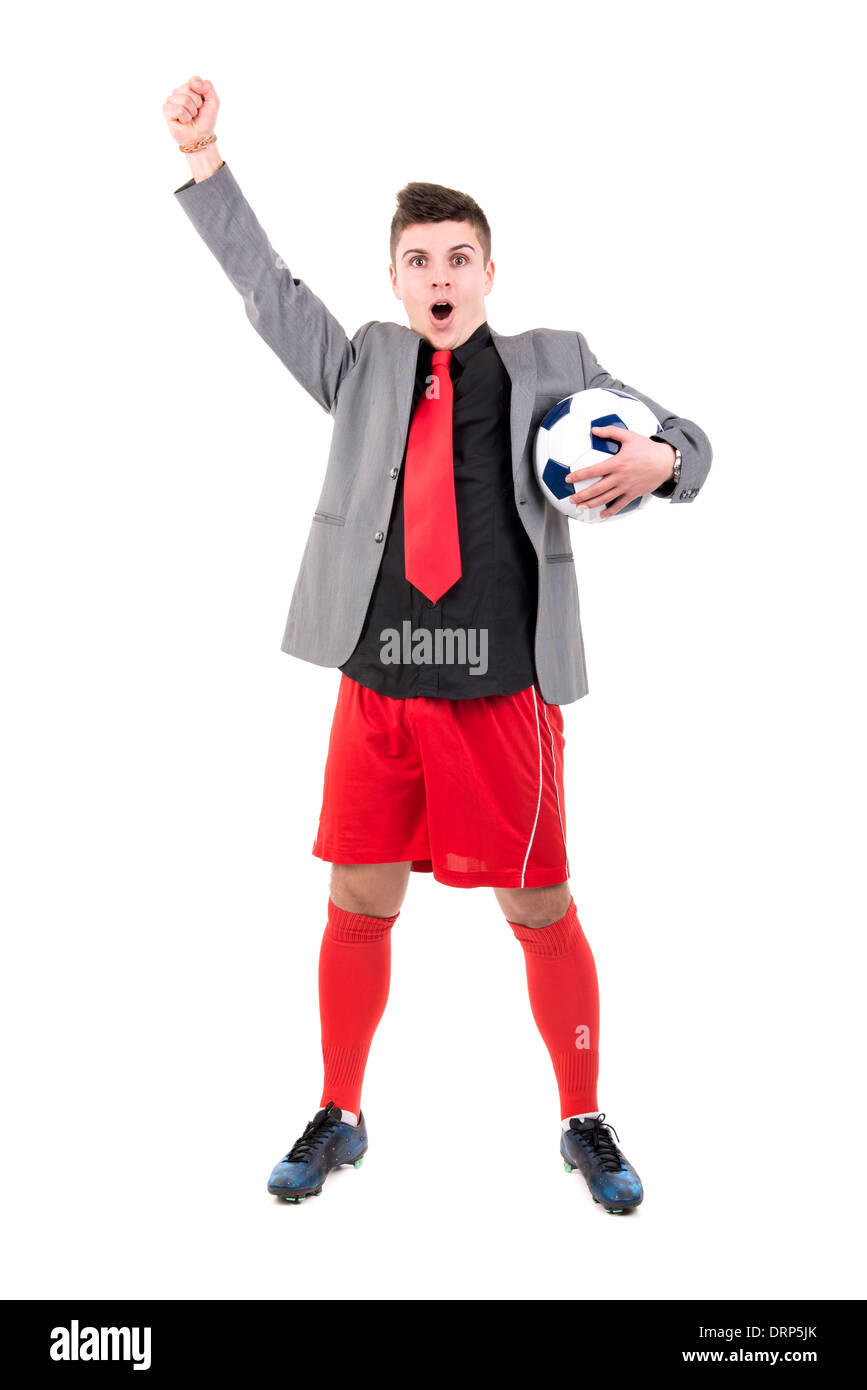 Happy businessman celebrating a goal isolated in white Stock Photo - Alamy