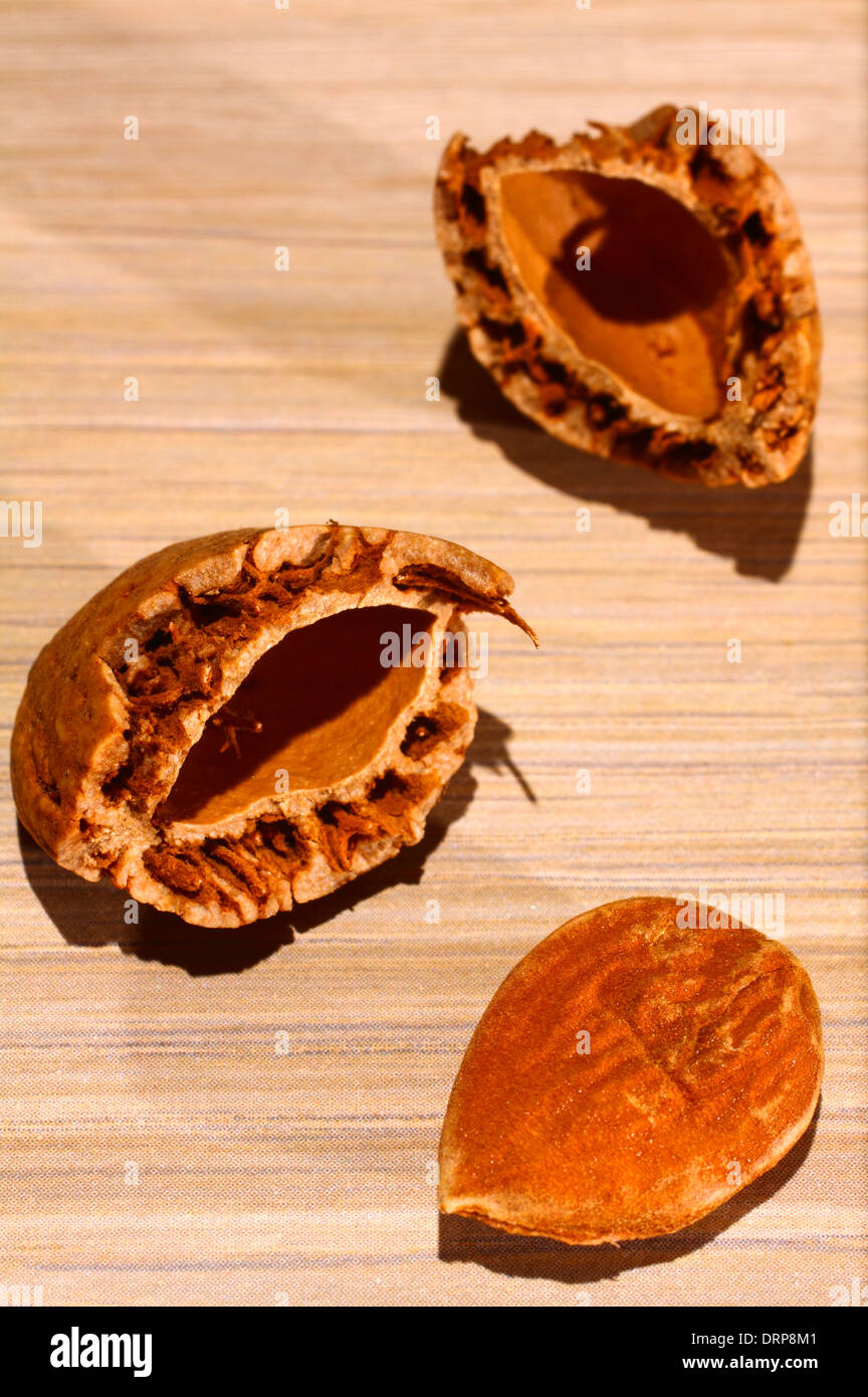 Almond nut out of shell on wood effect background Stock Photo - Alamy