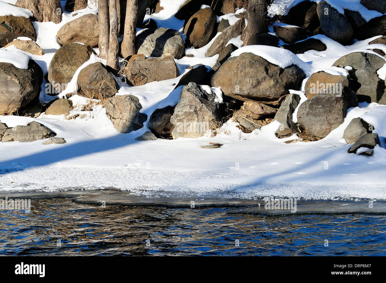 Large boulders along river shoreline to prevent erosion Stock Photo - Alamy