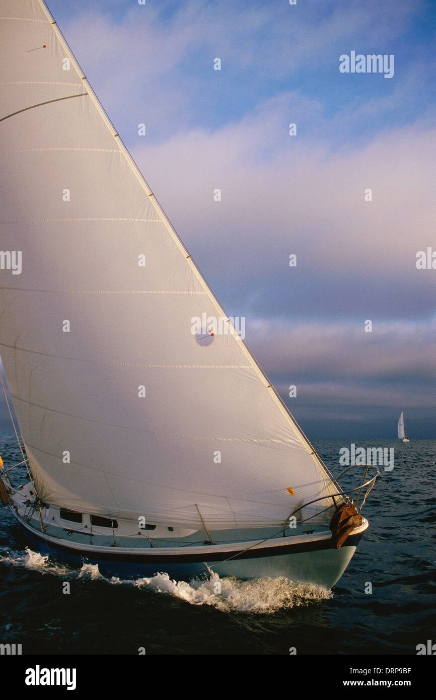 Close-up of sailboat close hauled into the wind on Monterey Bay ...