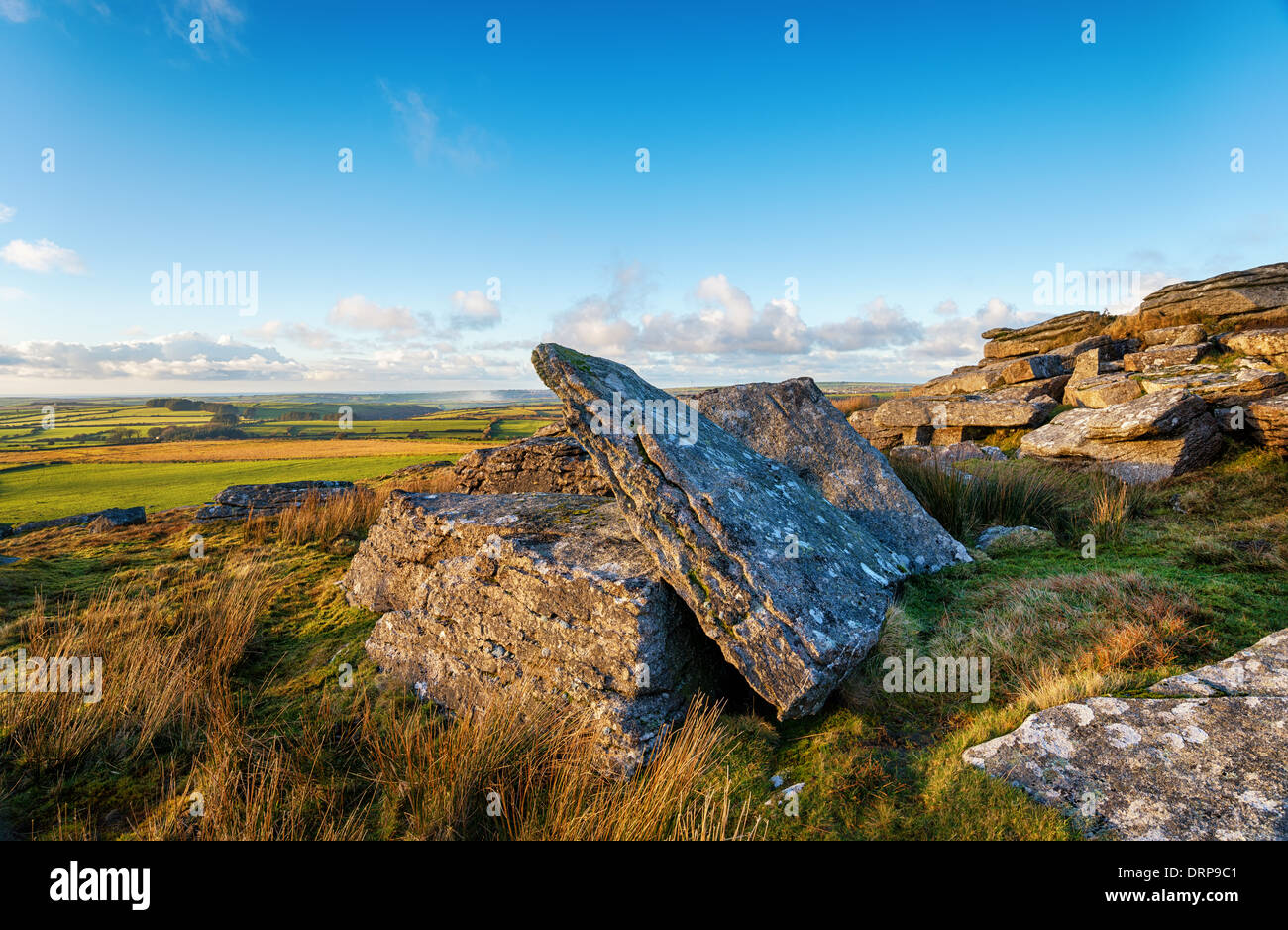Granite slabs in evening light on top of Alex Tor on Bodmin Moor in ...