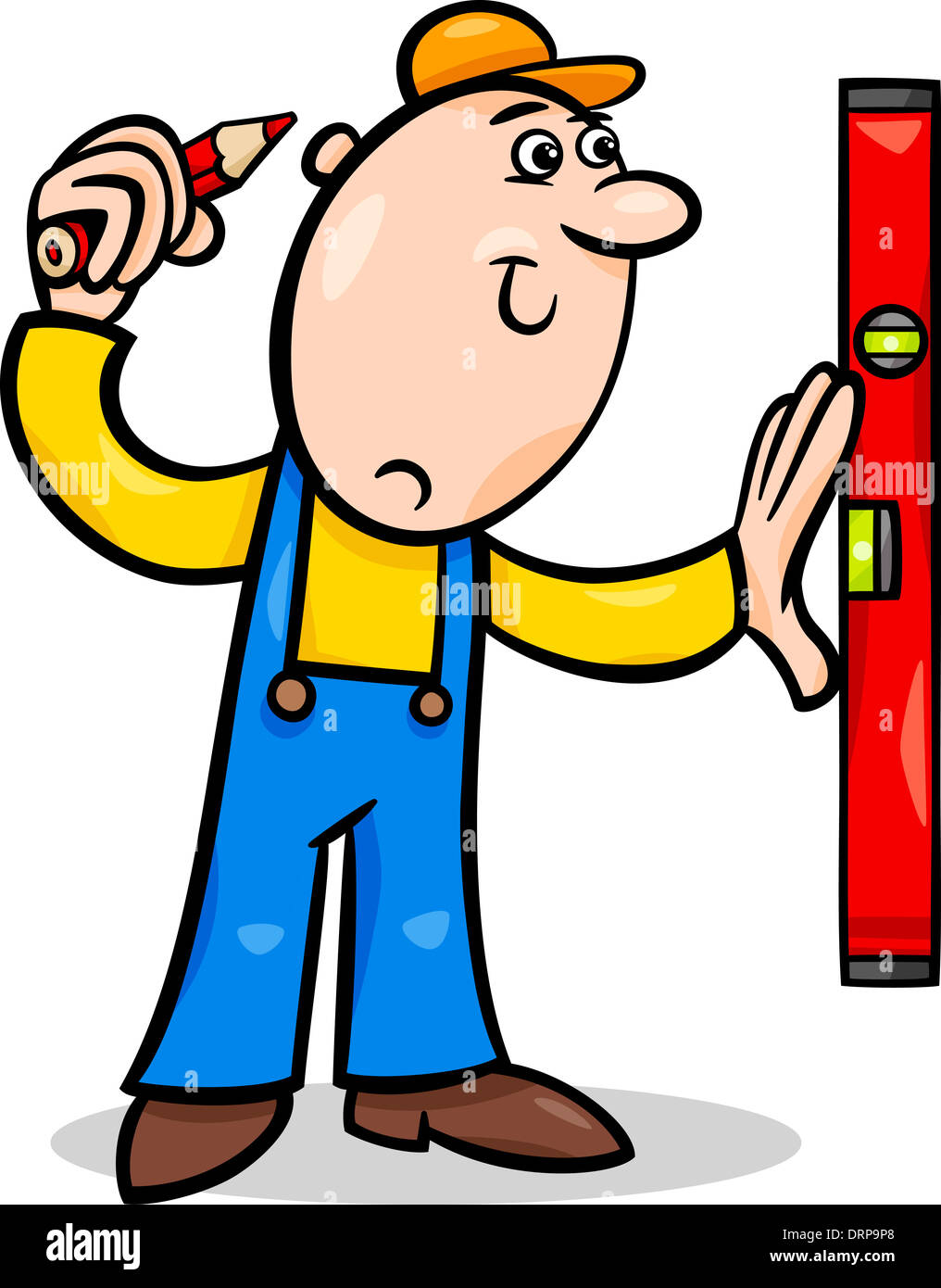 Cartoon Illustration of Worker with Level or Measuring and Pencil doing ...
