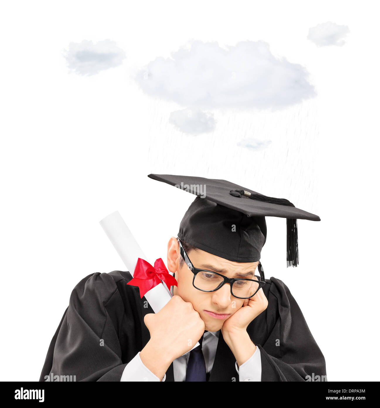 Sad graduate student holding diploma and a cloud floating over his head ...