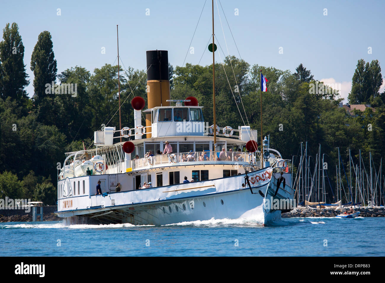 Old Paddle steamer ferry crosses Lac Leman, Lake Geneva, from Evian-les ...