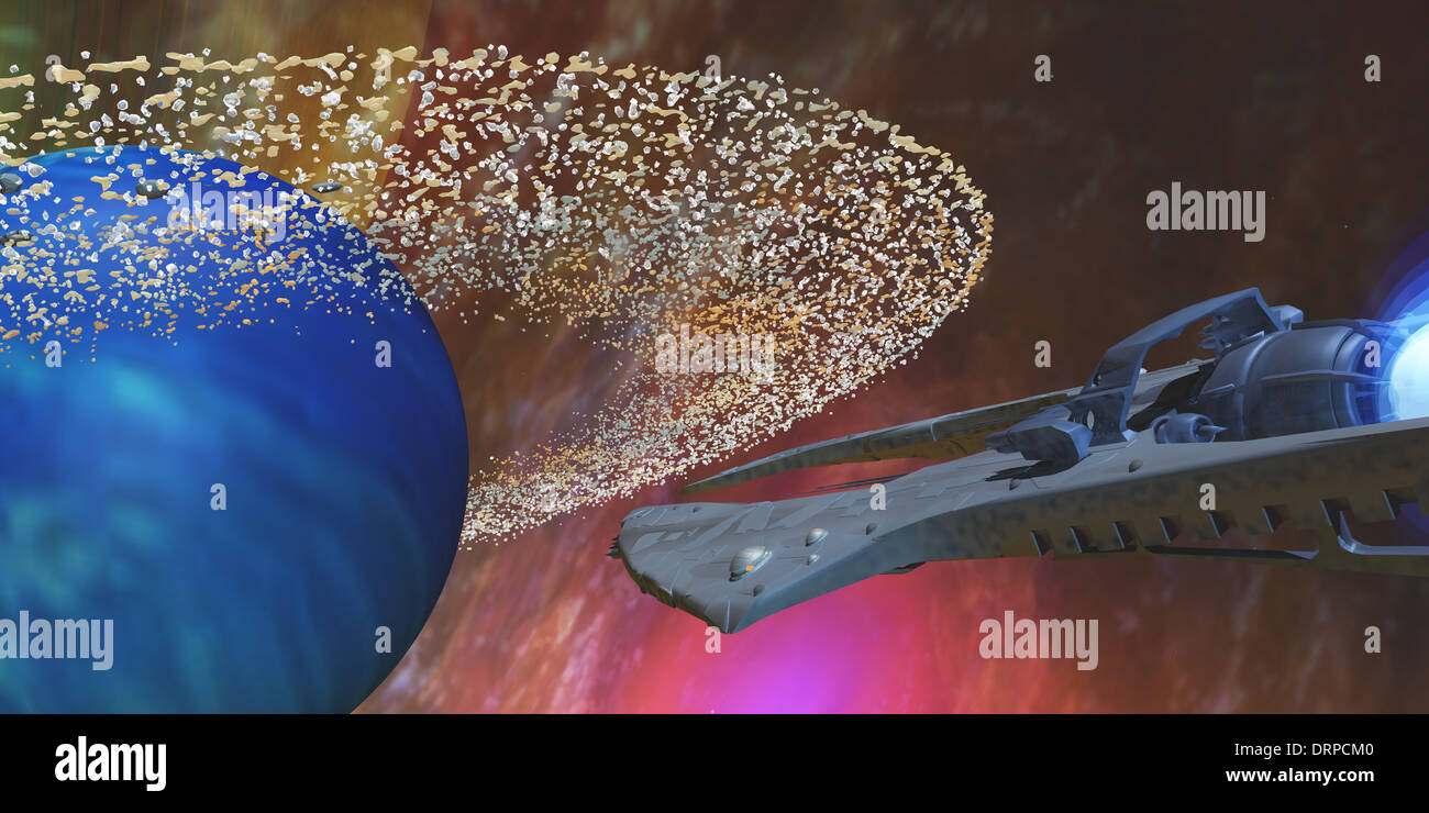 Small asteroids swirl around a blue planet as a spacecraft passes by on its way to a colorful ...