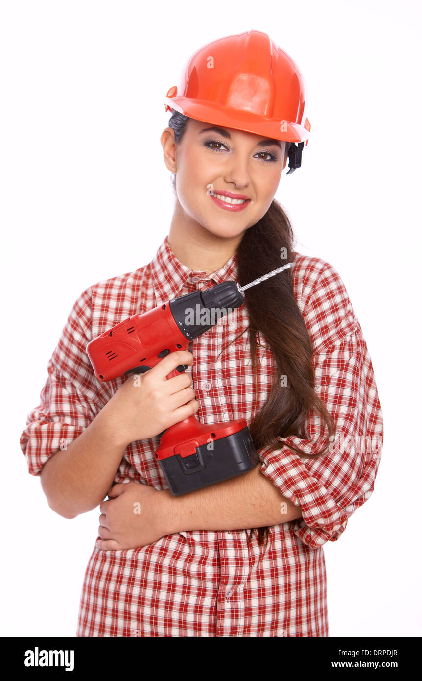 Female worker with drill in her hand Stock Photo - Alamy