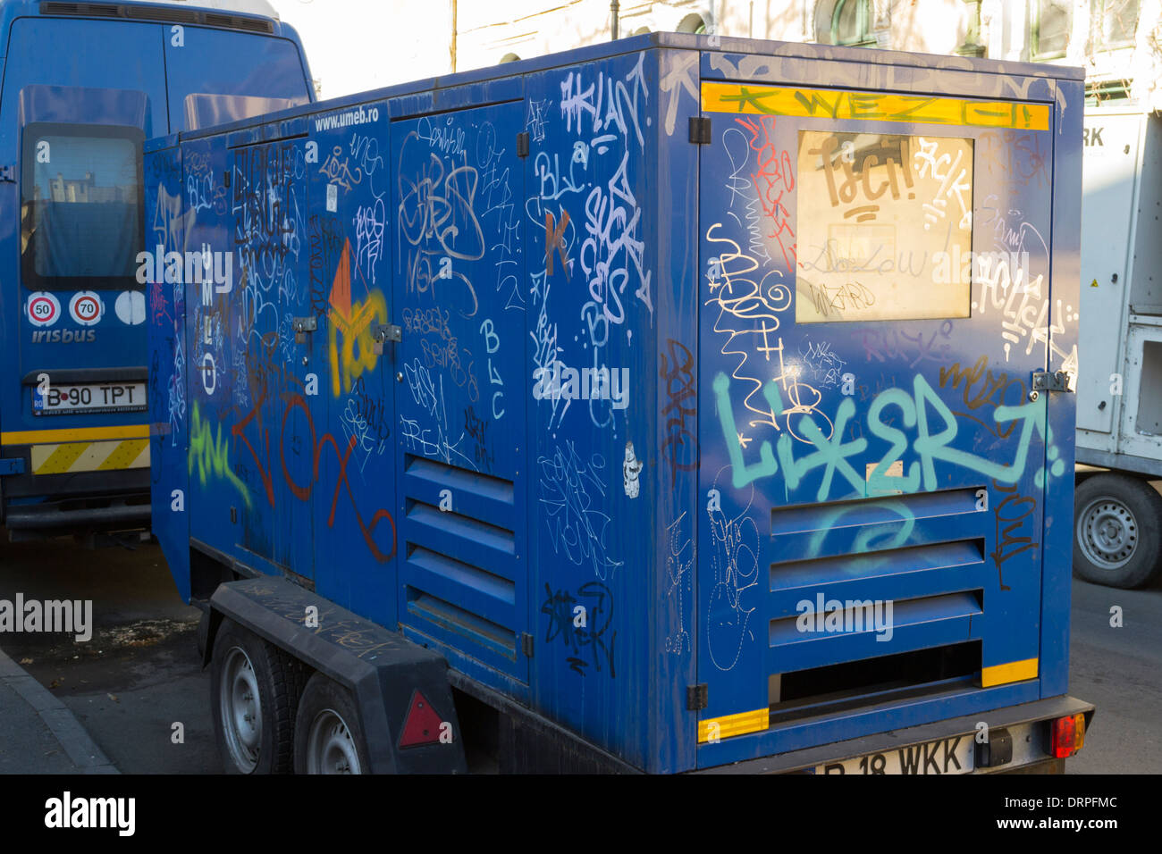 Graffiti street art on a power generator in Bucharest, Romania Stock ...