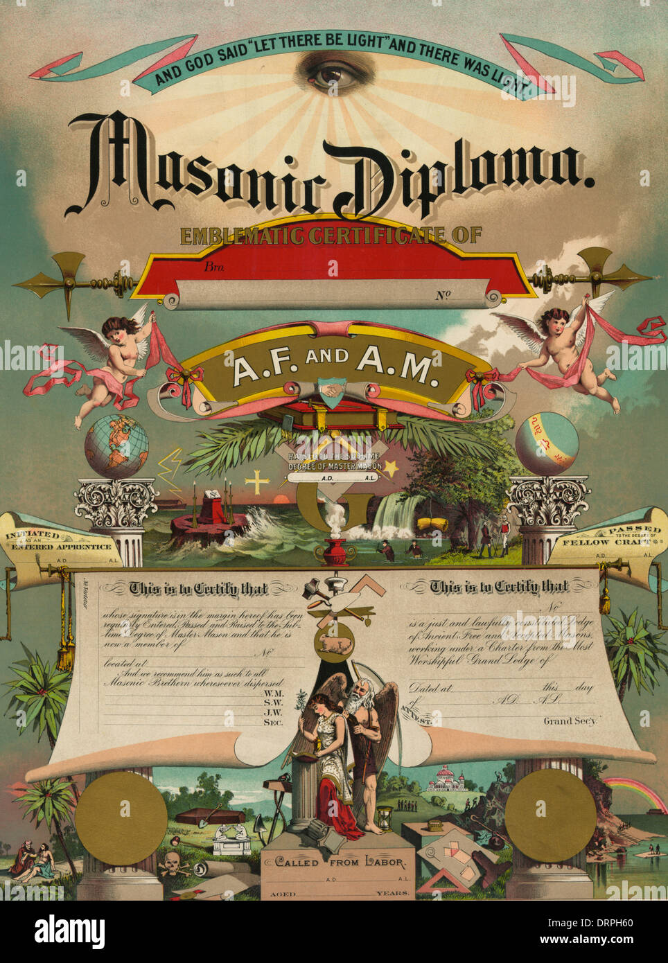 Masonic diploma - emblematic certificate of the Association of ...