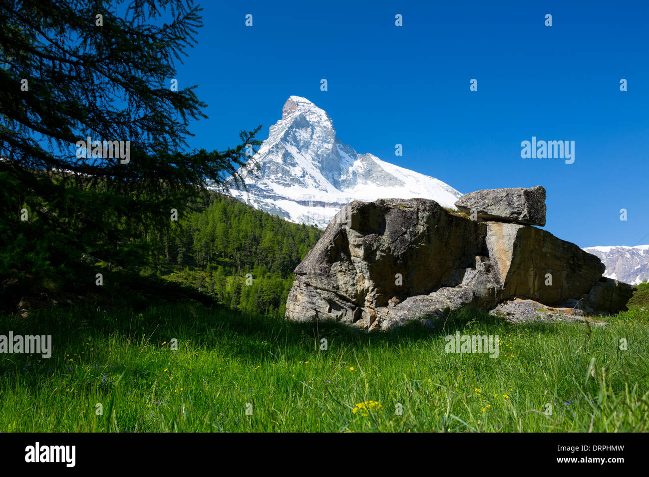 Glacial rock by the Matterhorn mountain in the Swiss Alps near Zermatt ...