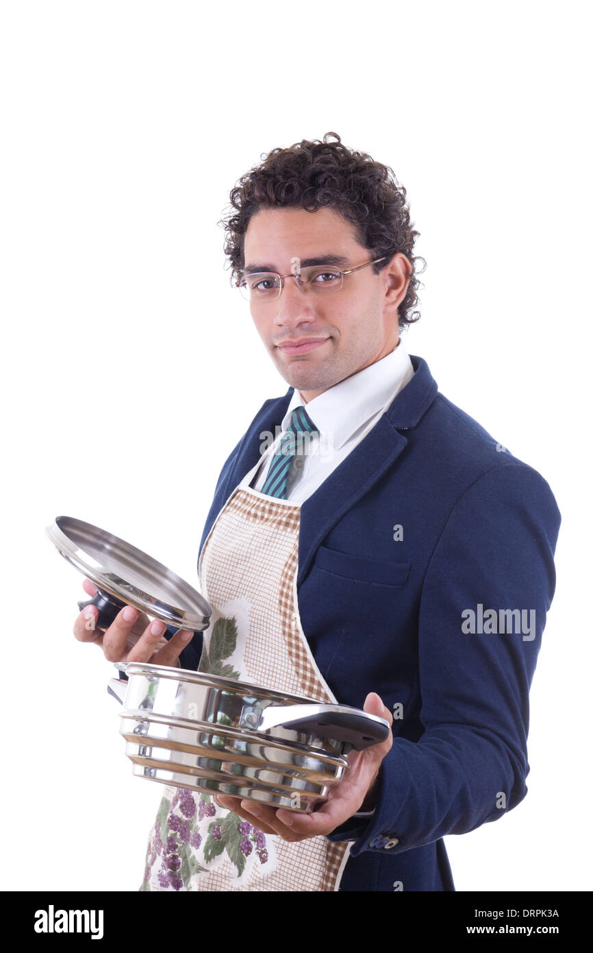 man in suit with an apron holding a cooking pot Stock Photo - Alamy