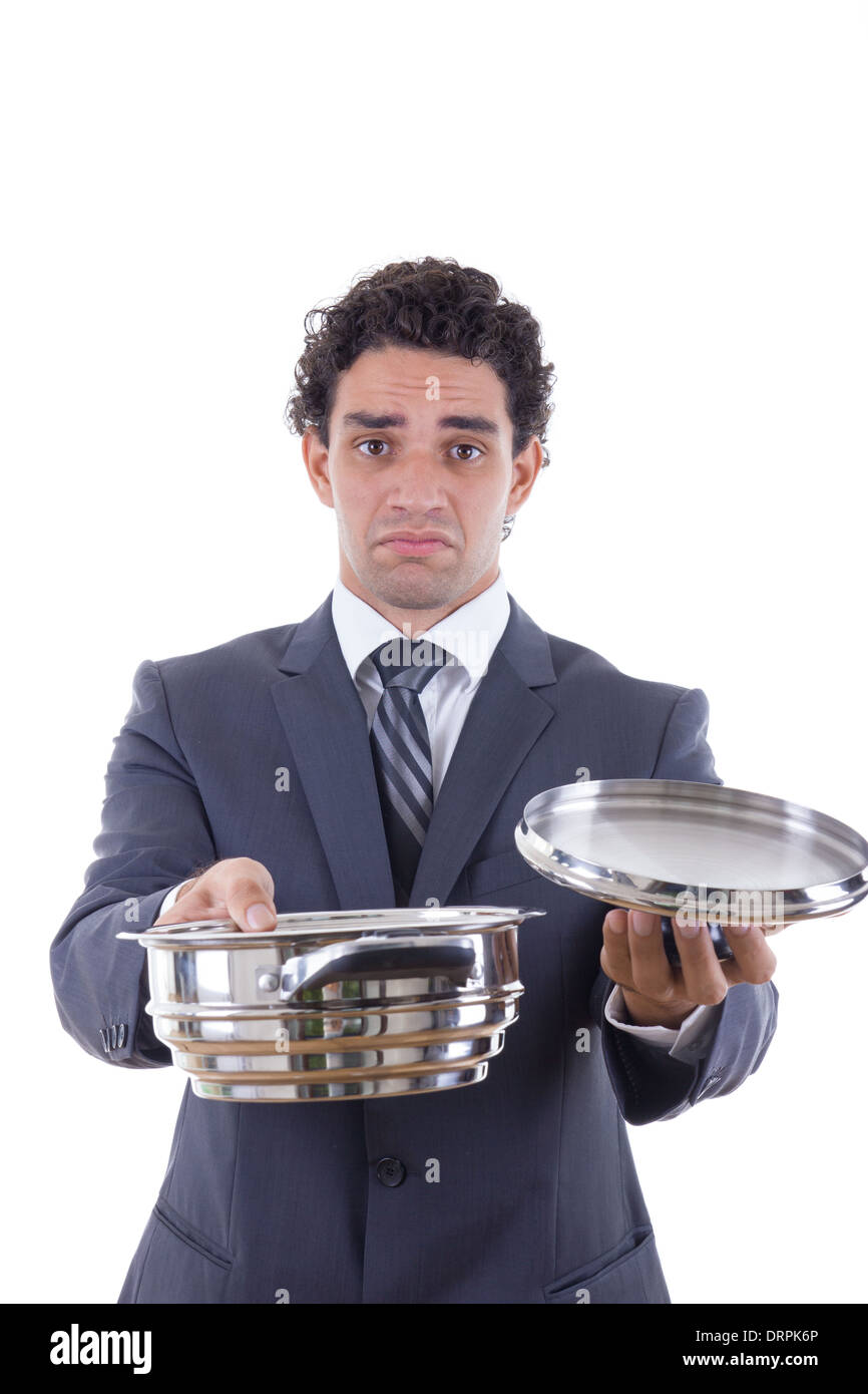 sad man in suit holding cooking pot and asking for lunch Stock Photo ...
