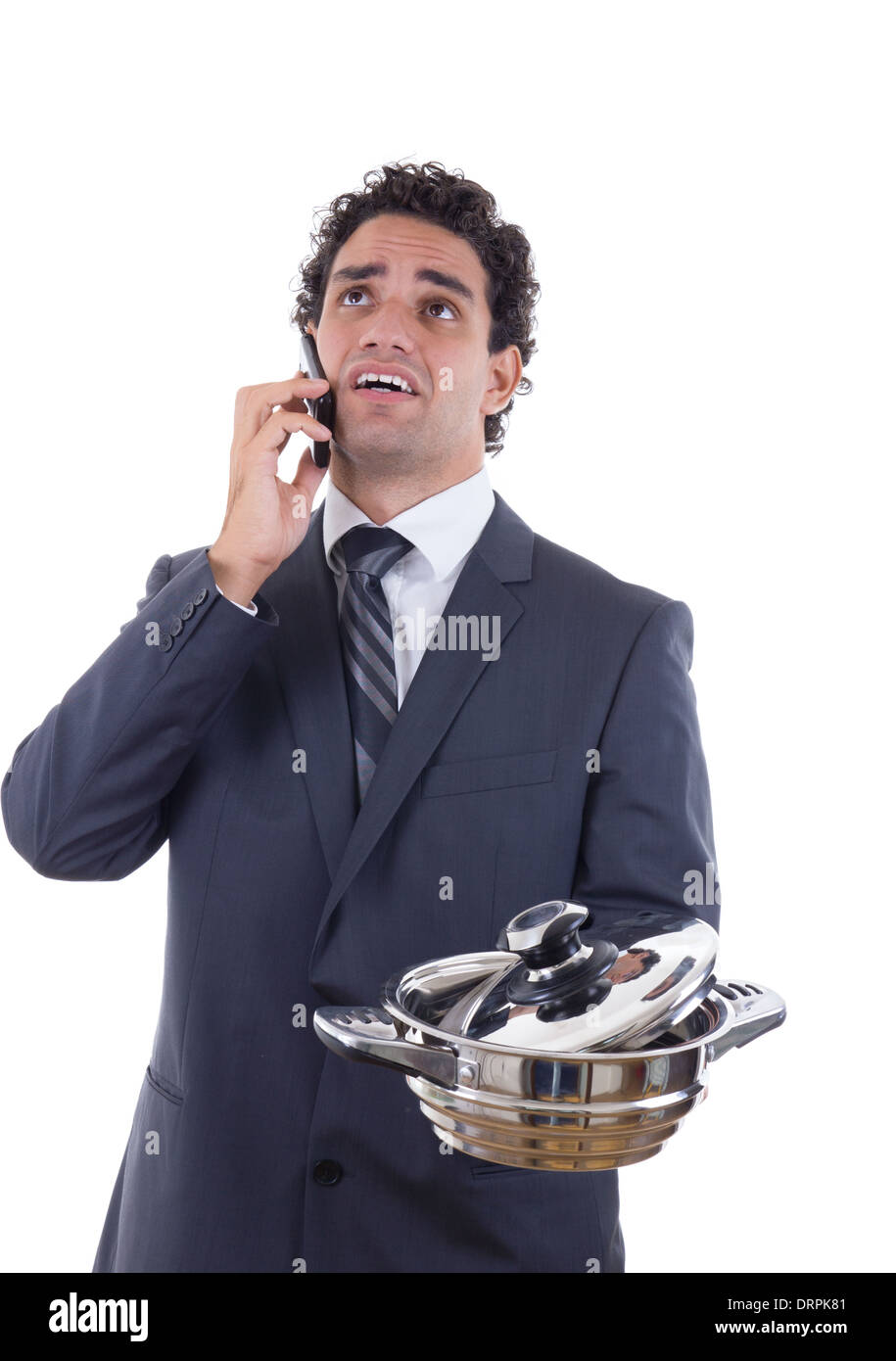 sad man with cooking pot seeking lunch on mobile phone Stock Photo - Alamy