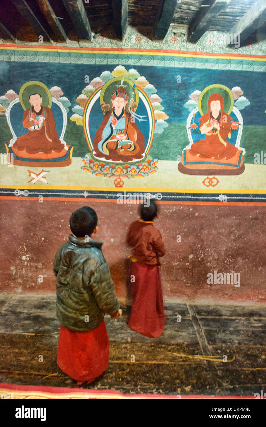 Young Tibetan monks in the gompa in Kagbeni village in the Kingdom of ...