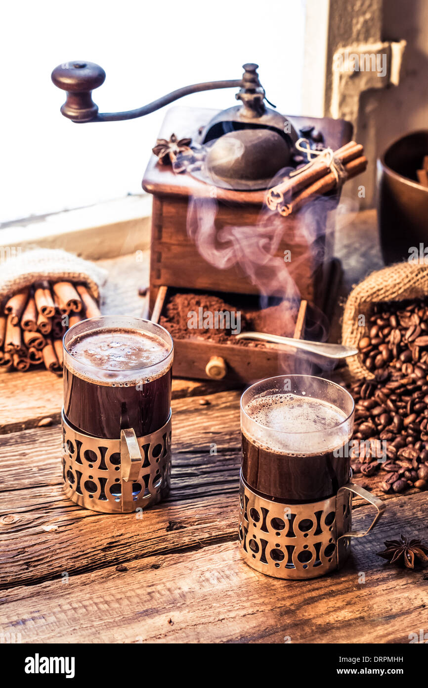 Freshly brewed coffee in the old style Stock Photo - Alamy