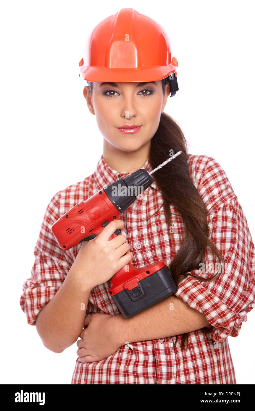 Female worker with drill in her hand Stock Photo - Alamy