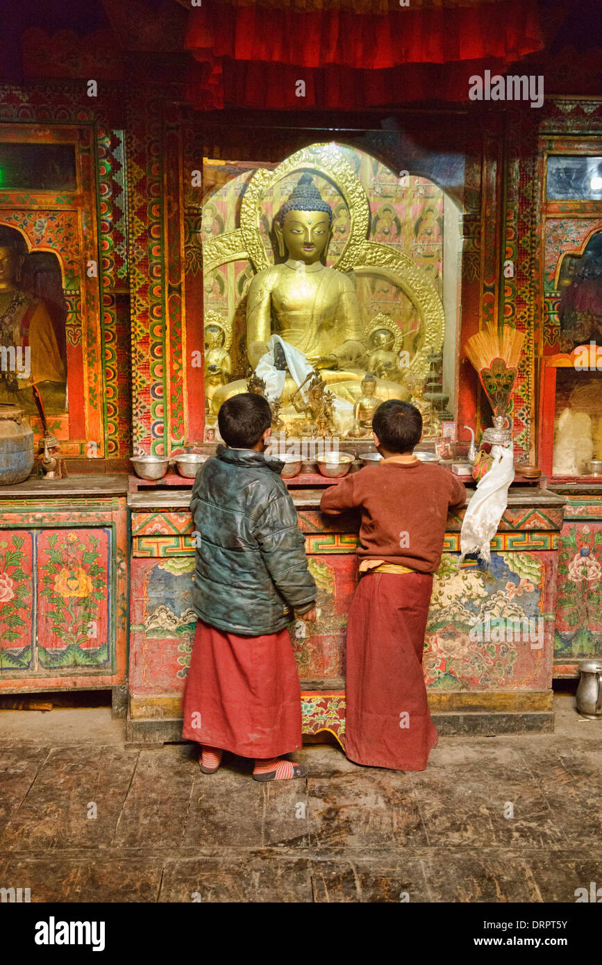 Young Tibetan monks in Kagbeni gompa in the Kingdom of Mustang in the ...