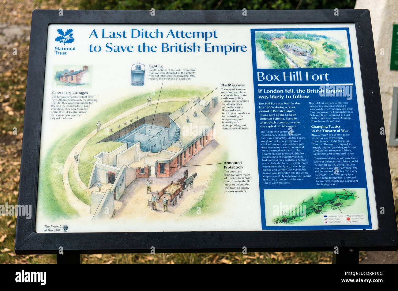 Visitor sign outside historic Box Hill Fort, explaining the last ditch ...