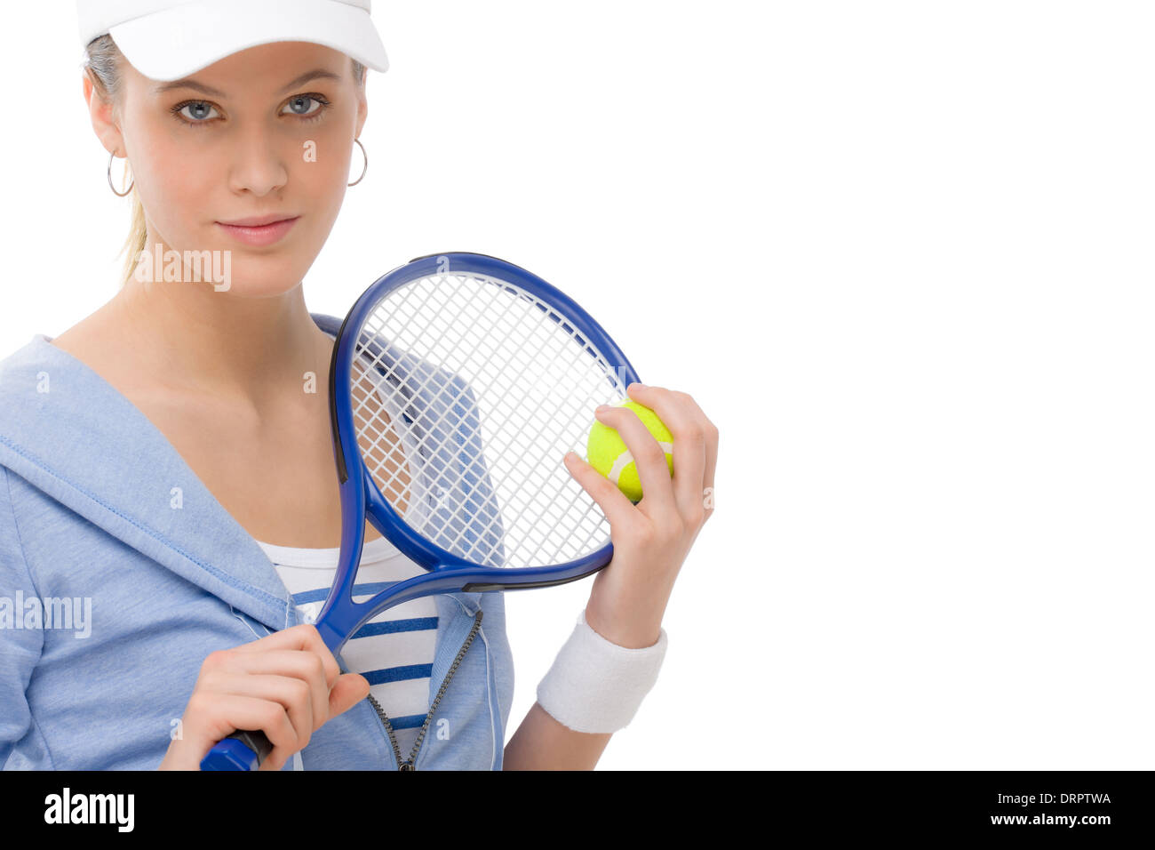 Tennis player - young woman holding racket Stock Photo - Alamy