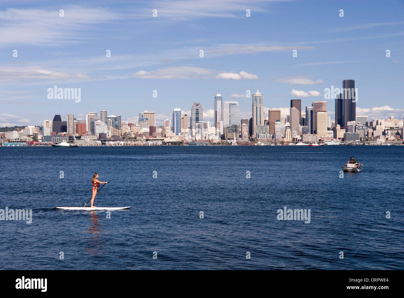 Stand up paddle boarding on Elliott Bay before downtown Seattle, view ...