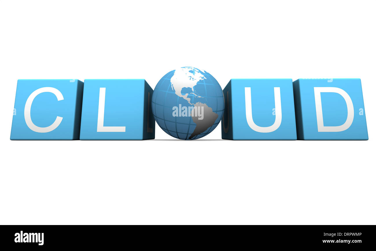 Blue cloud computing sign made of cubes and planet isolated on white ...