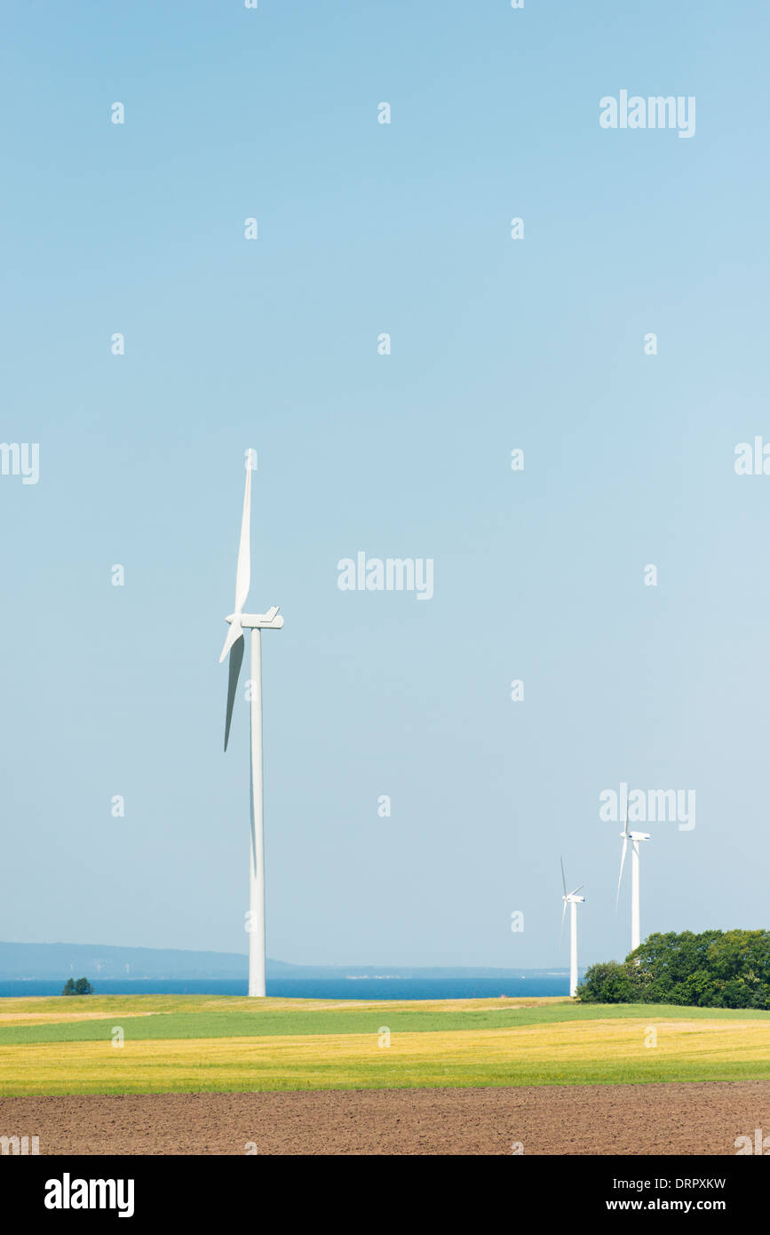 Natural landscape with modern windmills and blue sky, Sweden Stock ...