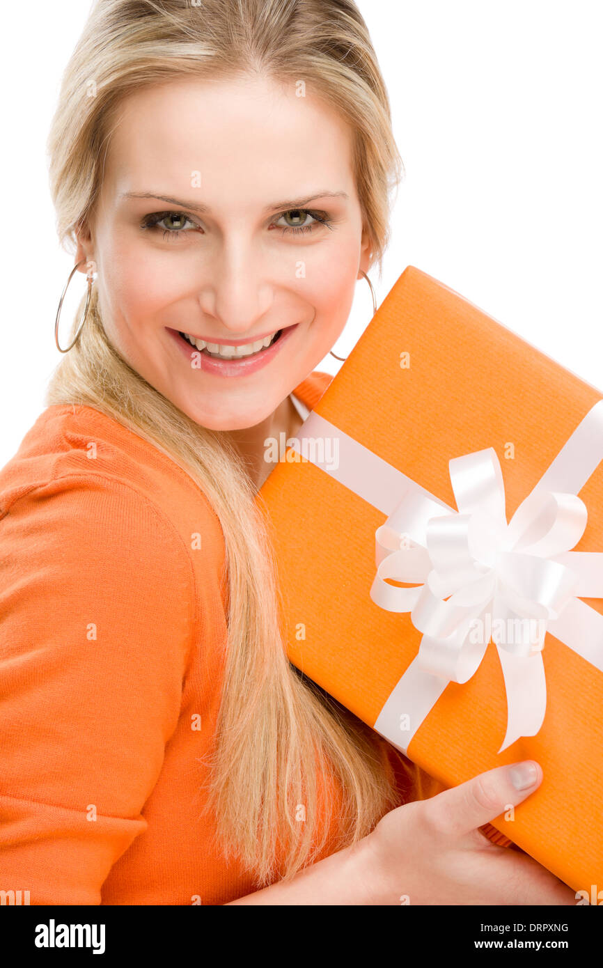 Present woman celebration hold happy Stock Photo - Alamy