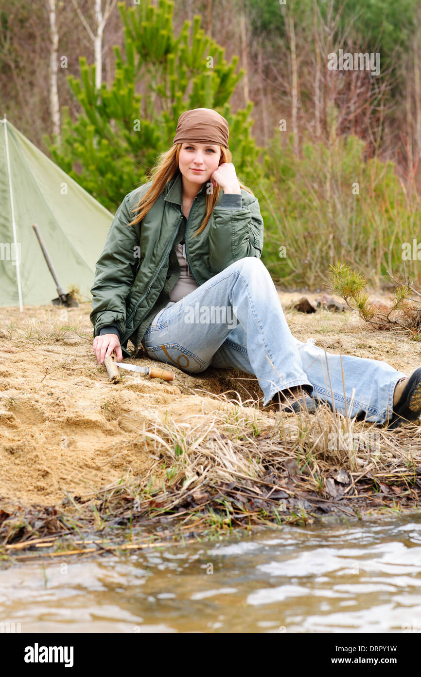 Camping woman tent nature sitting stream Stock Photo - Alamy