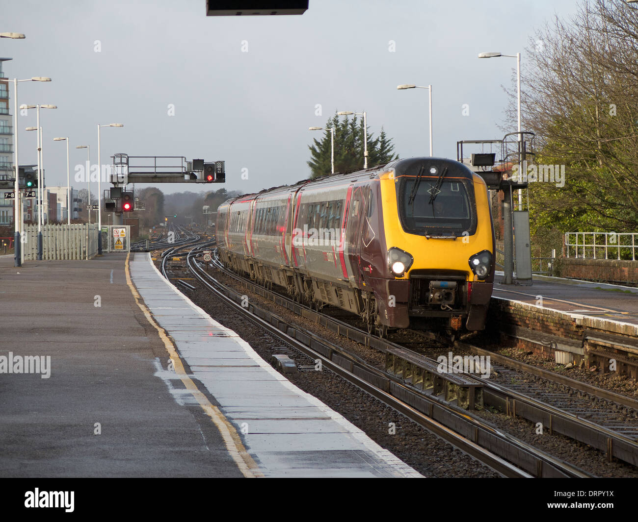 Cross Country Voyager passenger train approaching Basingstoke Station ...